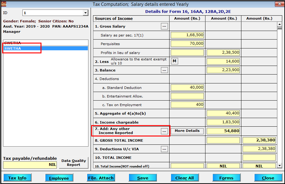 Previous Employment details for Tax Computation in Saral TDS - Saral Pro