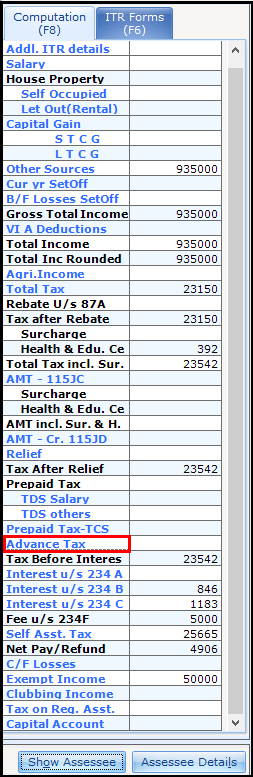Advance Tax Entry in Saral Income Tax - Saral Pro